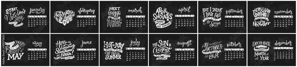 Vector calendar for months 2 0 1 8. Hand drawn lettering quotes for ...