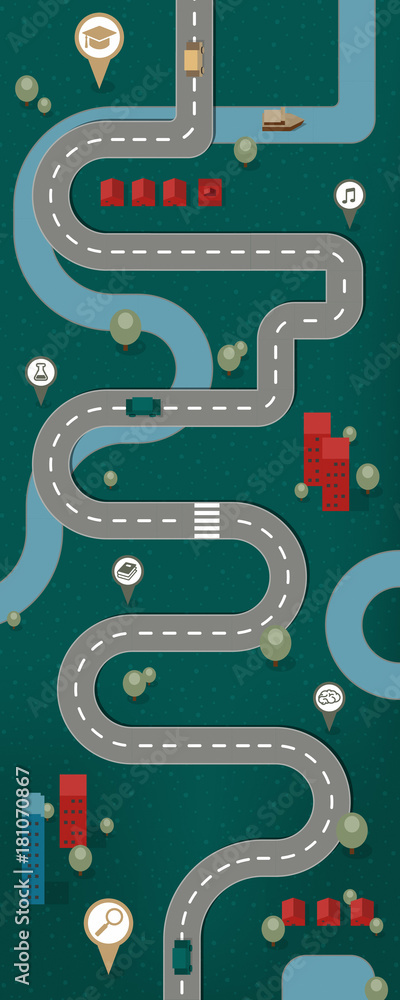 Road Map, Flat Design Vector Illustration Education Career Path Concept ...