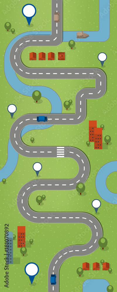 Road Map, Flat Design Vector Illustration, with landscape, houses and ...
