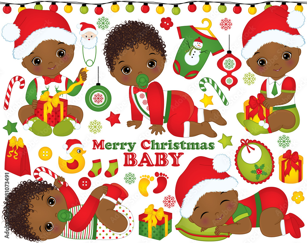 Vector Set with Cute African American Baby Boys Wearing Christmas ...