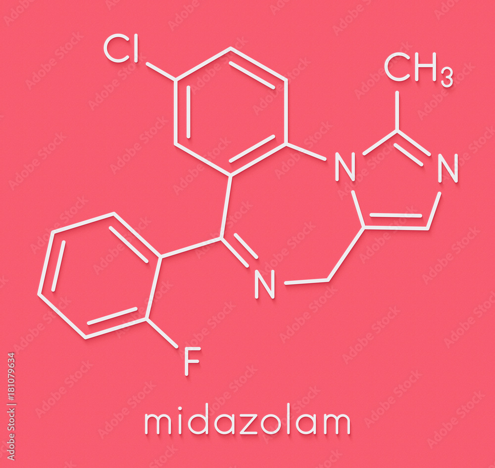 Midazolam benzodiazepine drug molecule. Has sedative, anxiolytic ...