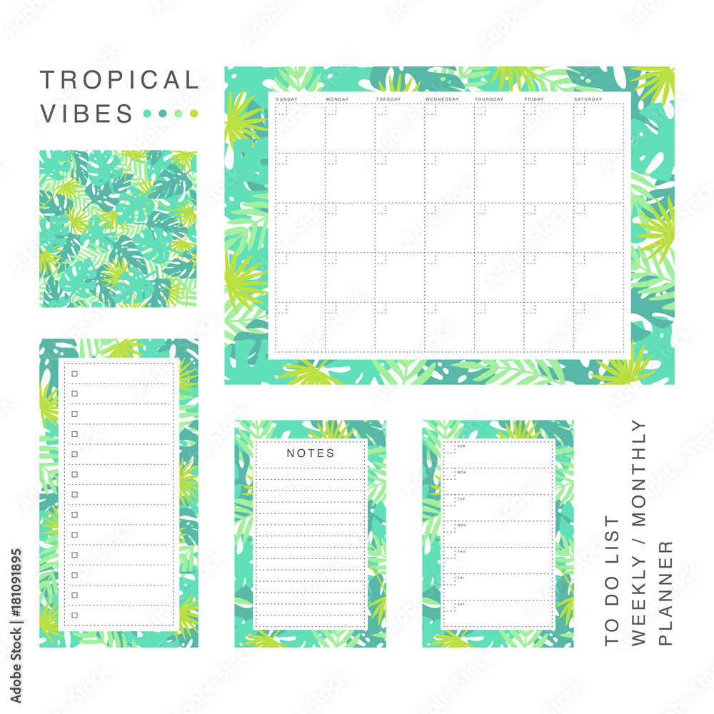 Set of planner goods. Tropical leaves theme. Monthy, weekly, daily ...