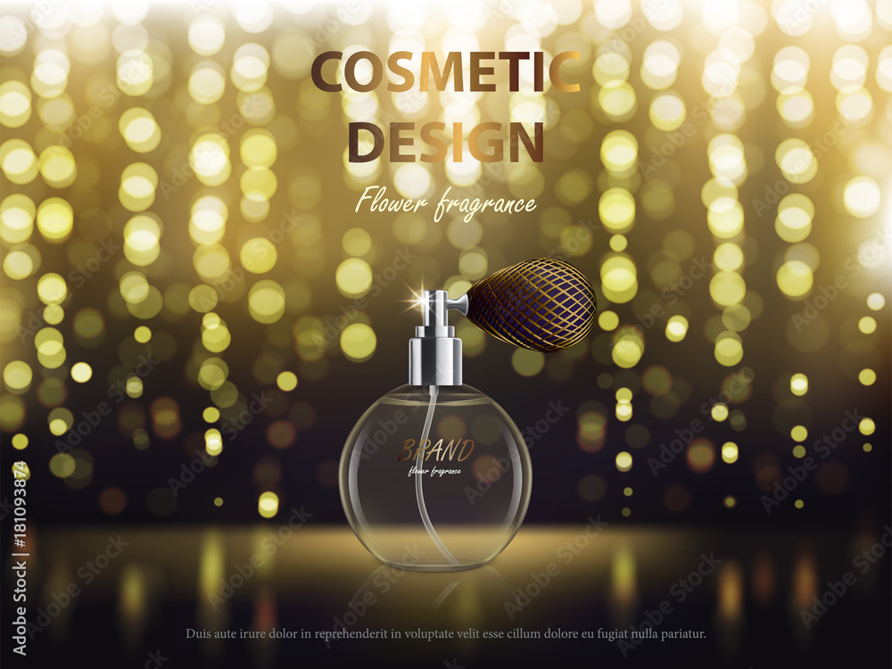 Cosmetic background with round glass spray bottle with perfume. Vector ...