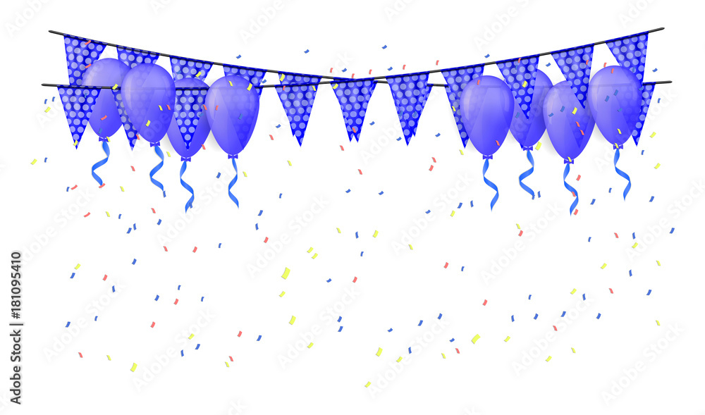 Blue party flags and balloons with confetti . Good for celebration or ...