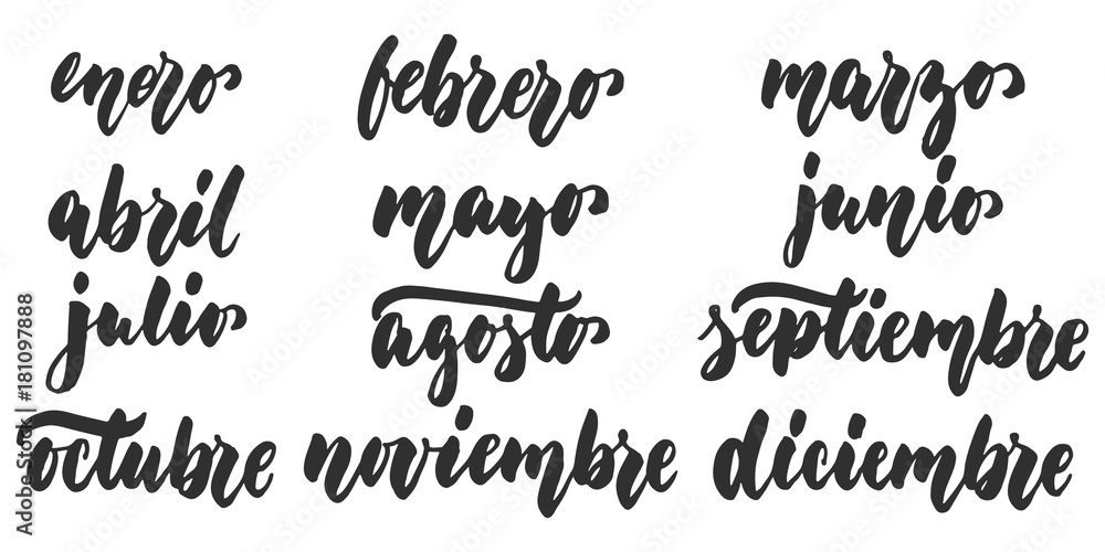 Los meses - months in spanish, hand drawn latin lettering quote ...
