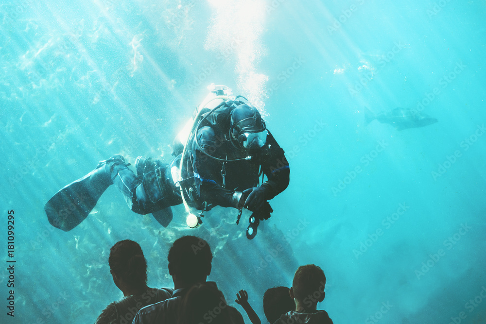 Scuba Diver underwater in fish aquarium attraction entertainment ...