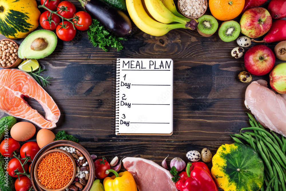 Healthy food concept. Fresh vegetables, fruits, meat and fish. Healthy ...
