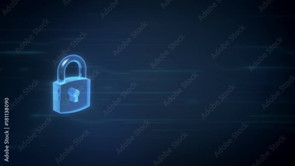 Blue 3d lock spinning with light effects on a digital background and ...