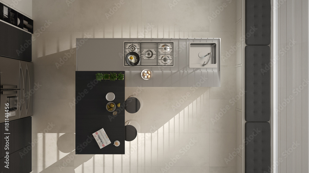 Modern kitchen with wooden details, top view on island and gas stove ...