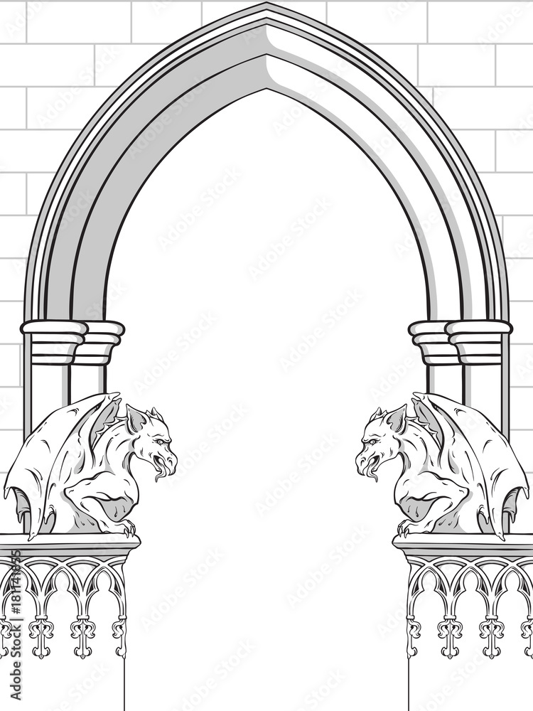 Gothic arch with gargoyles hand drawn vector illustration. Frame or ...