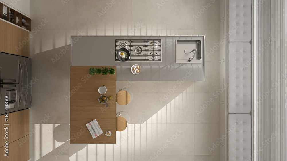 Modern kitchen with wooden details, top view on island and gas stove ...