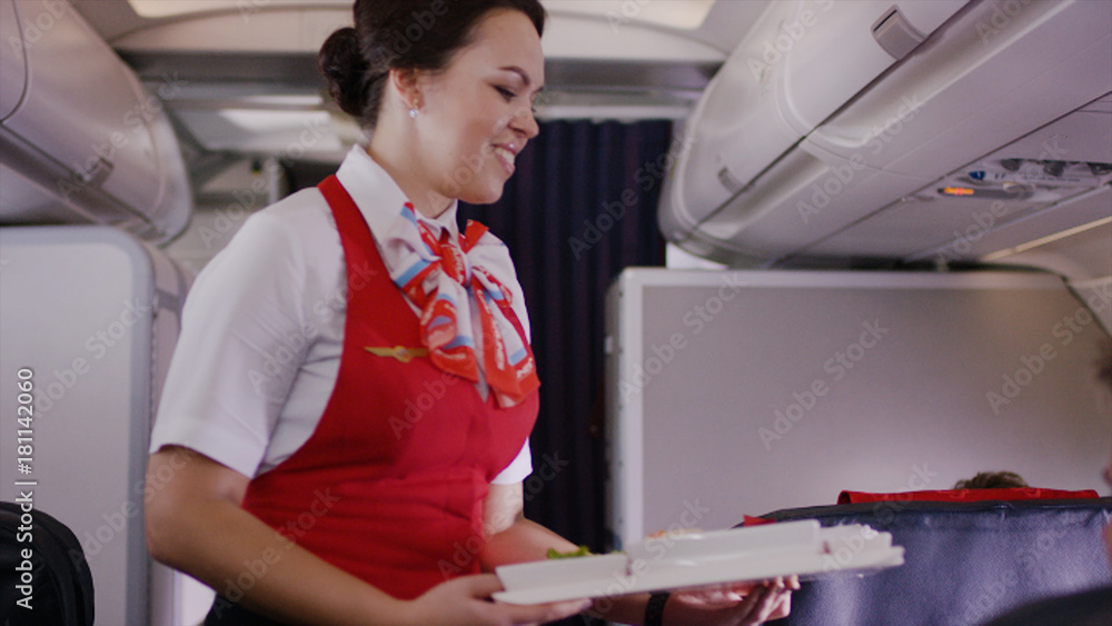 Foto de Stewardess Holding Tray With Airplane Meal. Air hostess ...