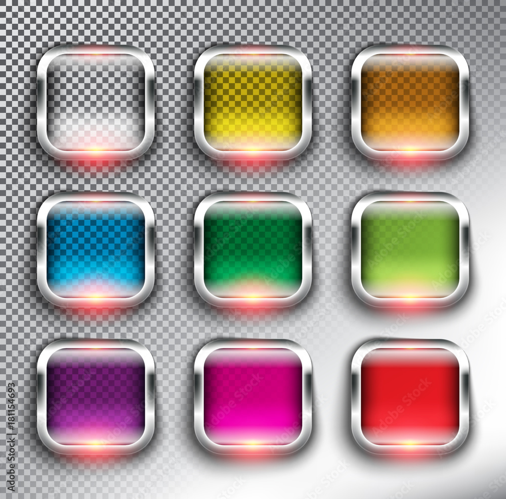 Abstract square web buttons set of 9. Square glass web icons with ...