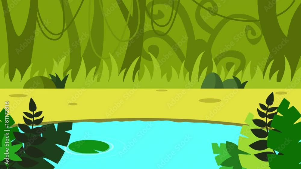 Cartoon Pond animation. Cartoon landscape with deep jungle background ...