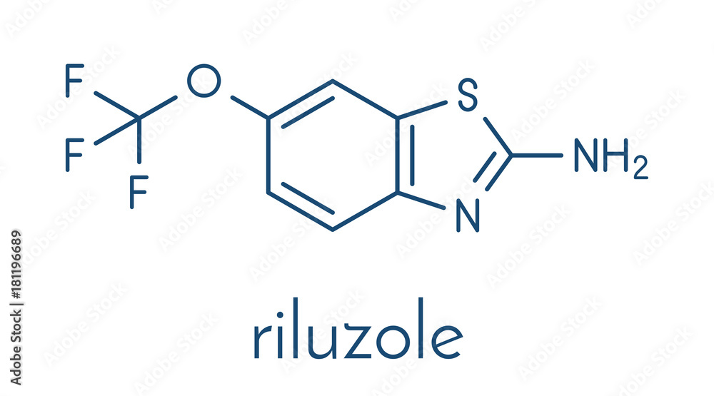Riluzole amyotrophic lateral sclerosis (ALS) drug molecule. Skeletal ...