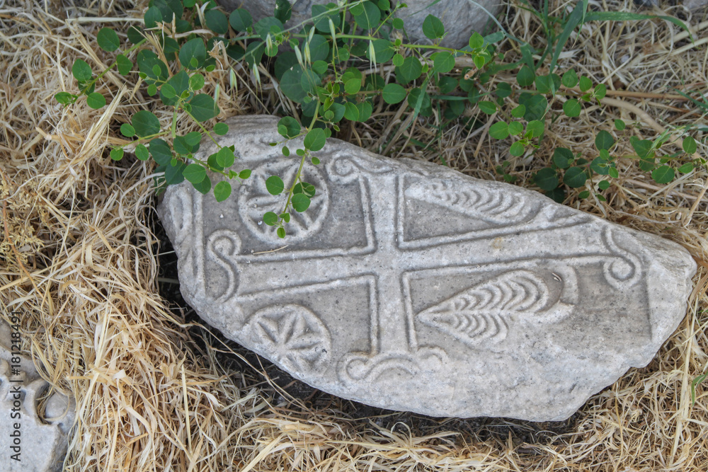 Antike Steintafel mit Relief, Kos, Festung, antike Ausgrabungen ...