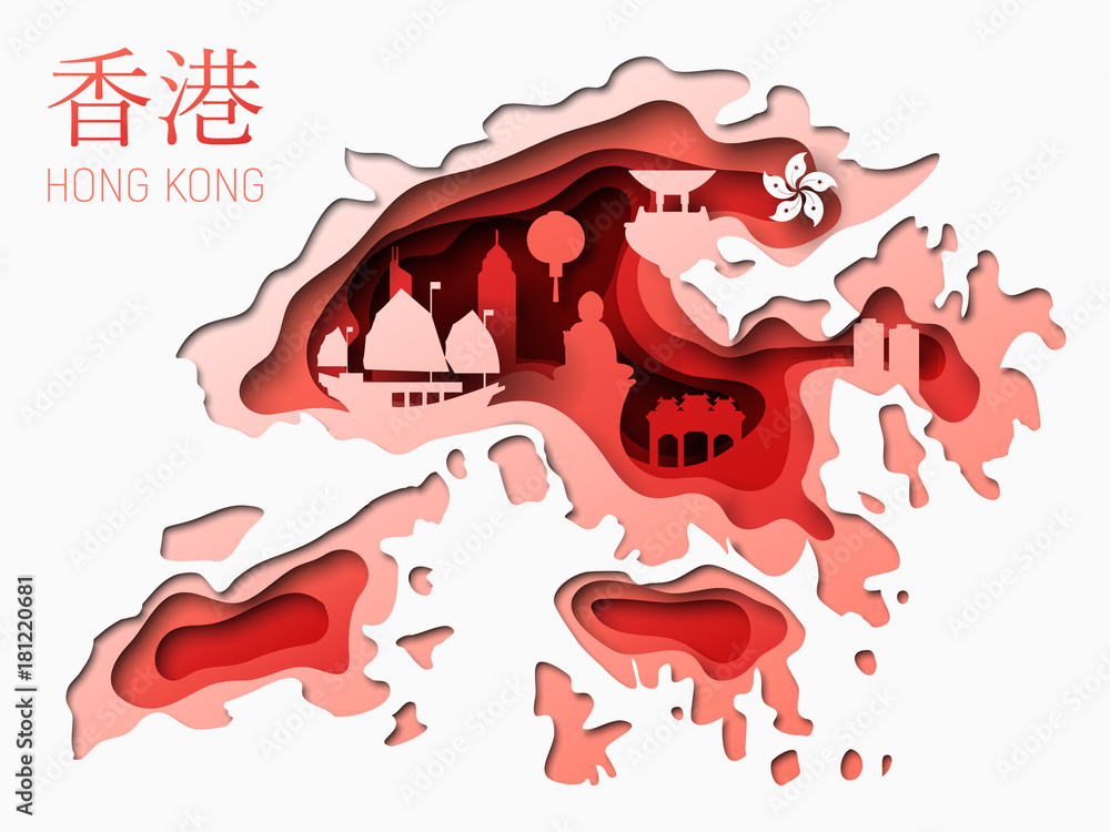 3d abstract paper cut illustration of Hong Kong map with famous ...