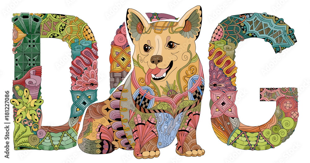 Word dog with a figure of a dog. Vector decorative zentangle object ...