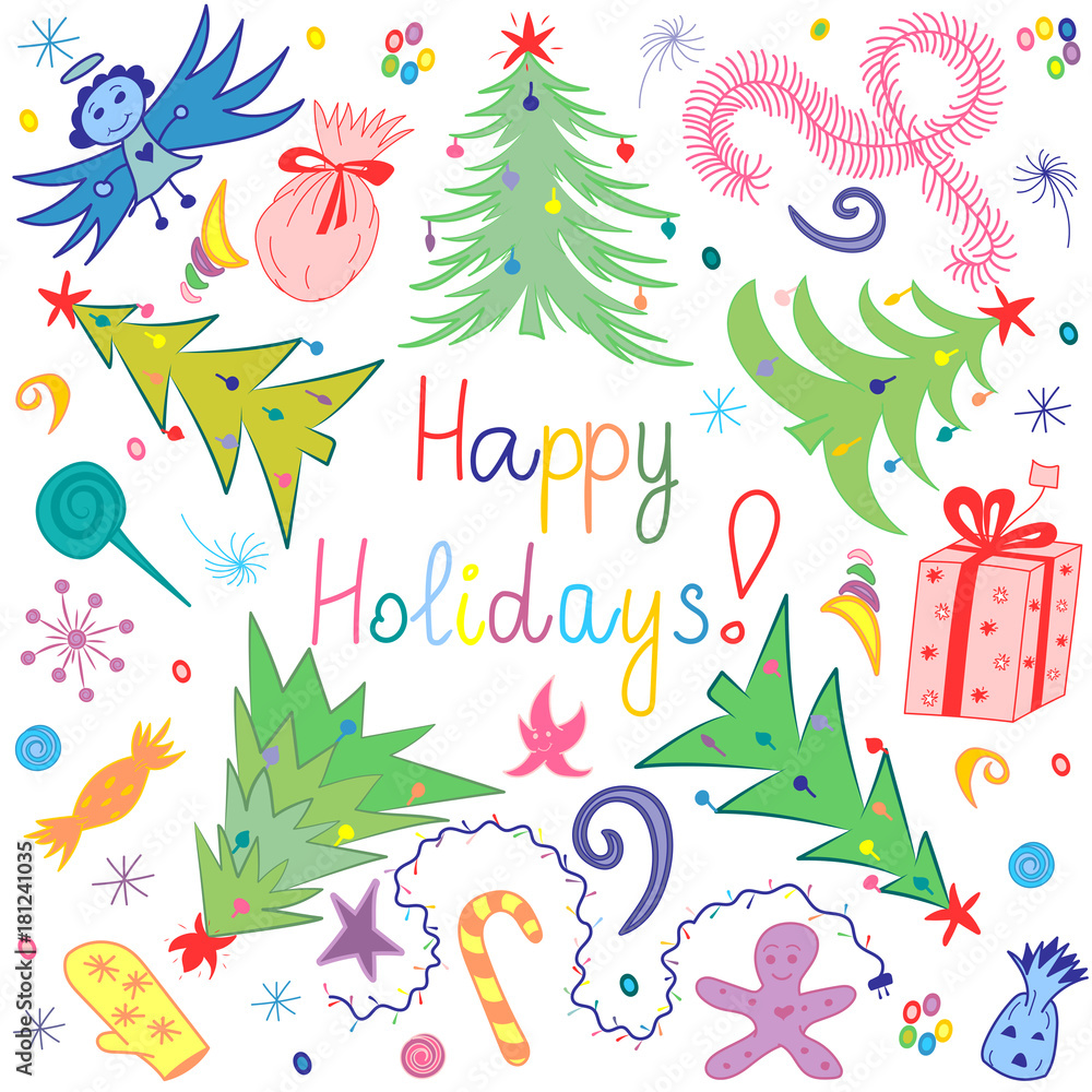 Happy Holiday!Colorful Children Drawings of Fir trees Arranged in a ...