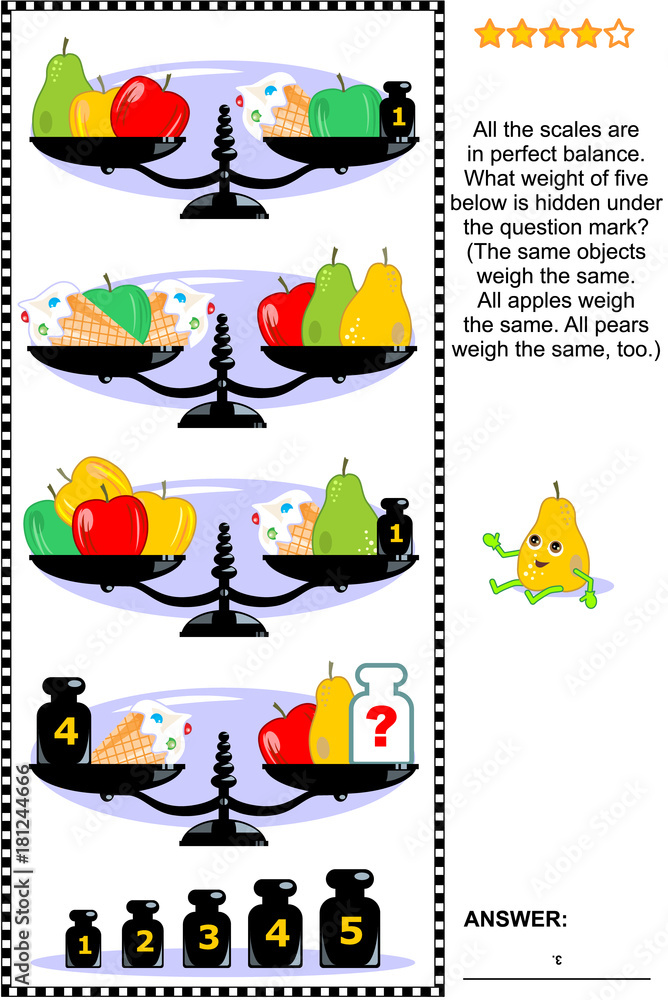 IQ training visual math puzzle with scales, weights,apples, pears and ...