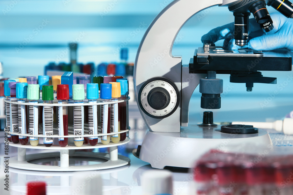 technician examining sample of blood in the microscope in the ...