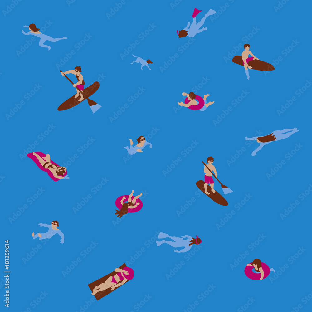 Vector Illustration of people swimming in sea. Seamless pattern ...