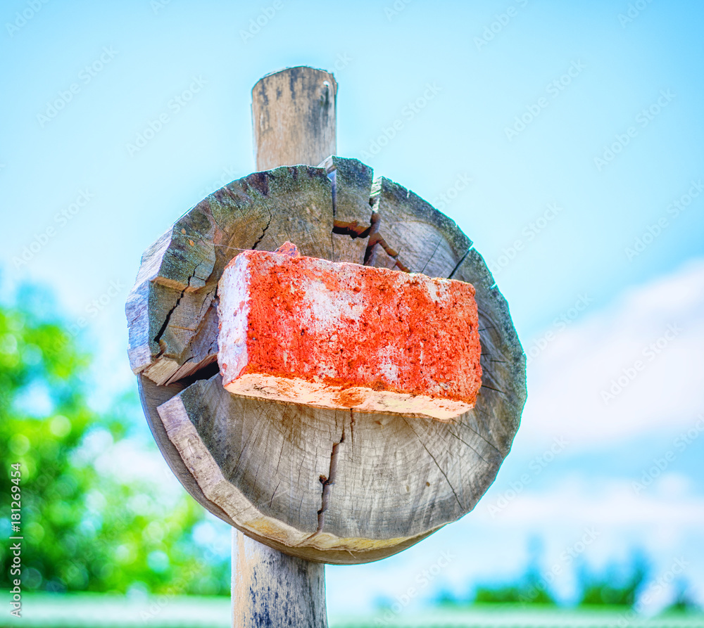 stop sign made of wood with natural brick Stock Photo | Adobe Stock