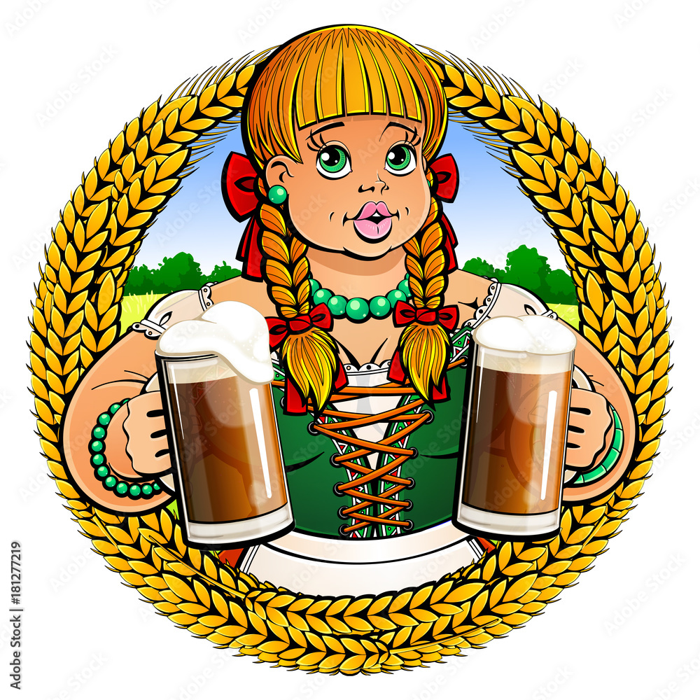 Vetor de Sexy fat girl in Bavarian traditional dress offers a dark beer ...