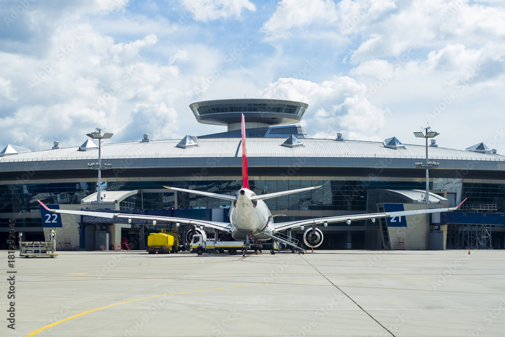 Photo & Art Print Back view on passenger aircraft standing near airport ...