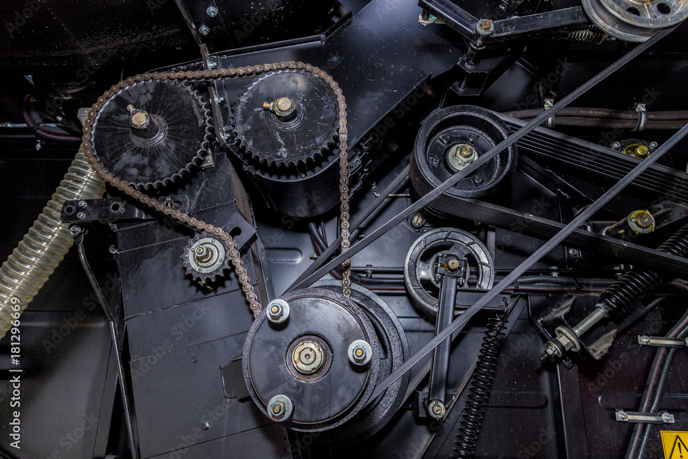 Mechanism of new modern agricultural combine harvester. Gears with ...