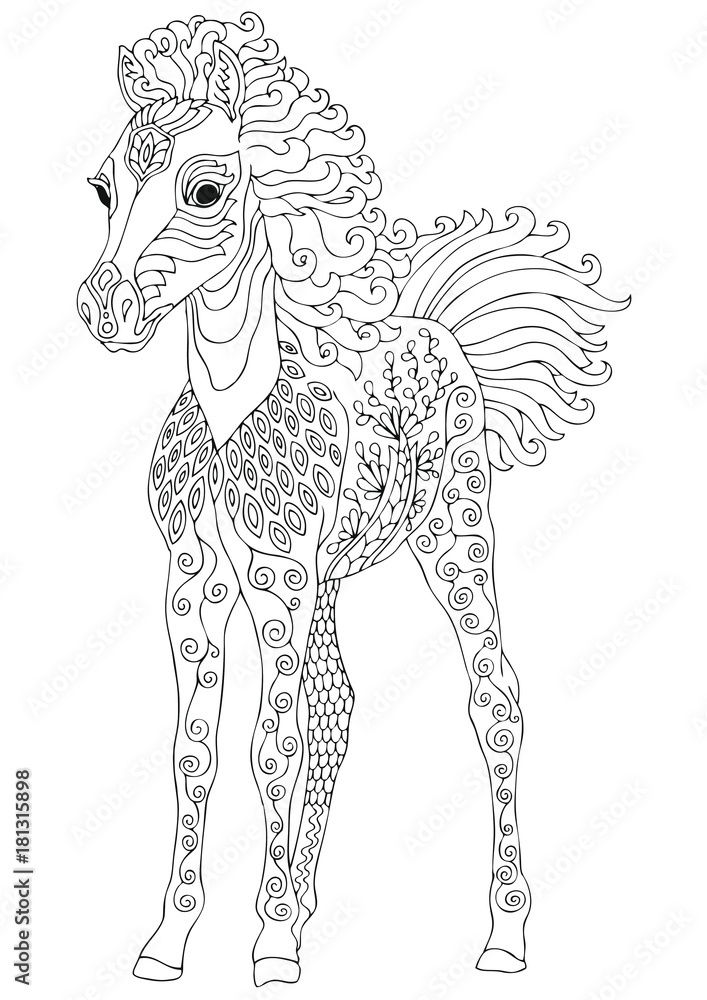 Foal. Hand drawn horse. Sketch for anti-stress adult coloring book in ...