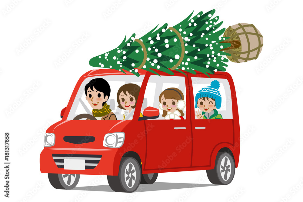 Car loading Christmas tree on the roof - Cartoon family Stock Vector ...