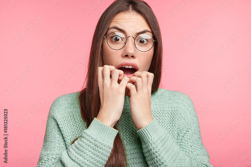 People, panic, fear concept. Frightened brunette woman looks terrified ...