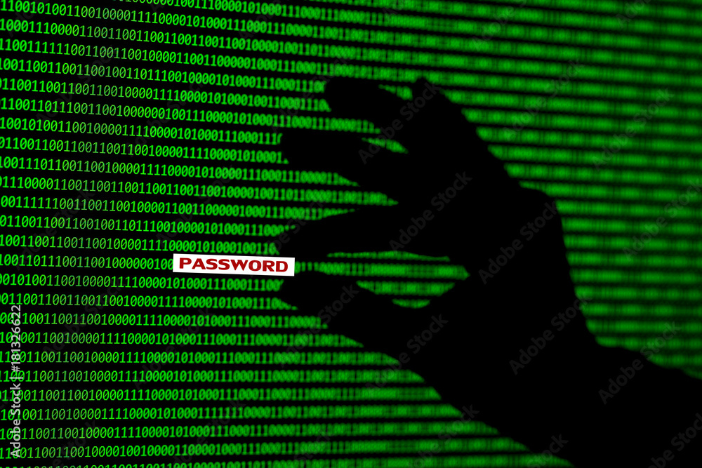 Hacker concept. computer binary codes and Hand steal password.Green ...