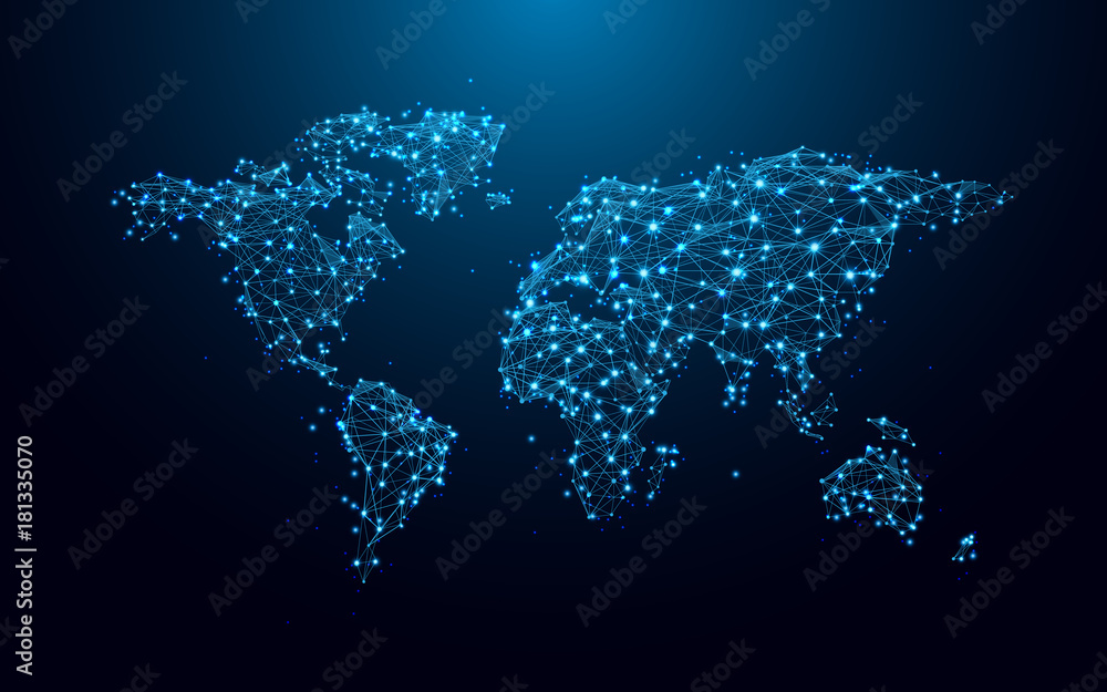 world map from lines and triangles, point connecting network on blue ...