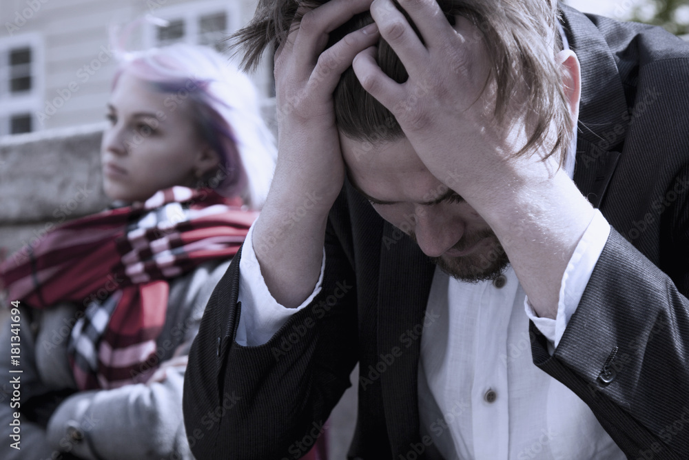 Pain from the quarrel. Angry frustrated young people swearing. (Love ...