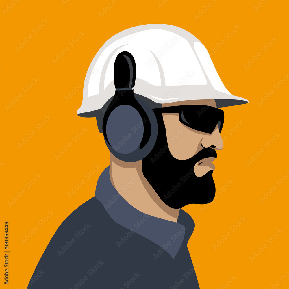 Worker in a protective helmet and glasses vector illustration flat ...