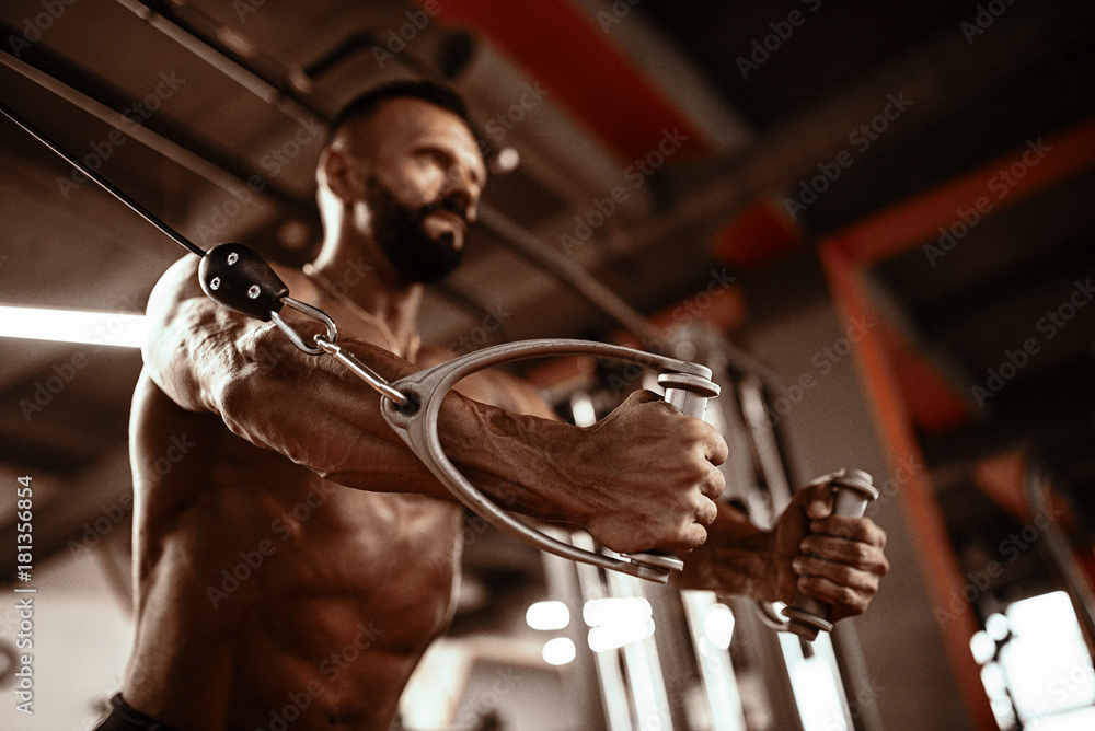 Handsome man with big muscles working out in gym. Muscular bodybuilder ...