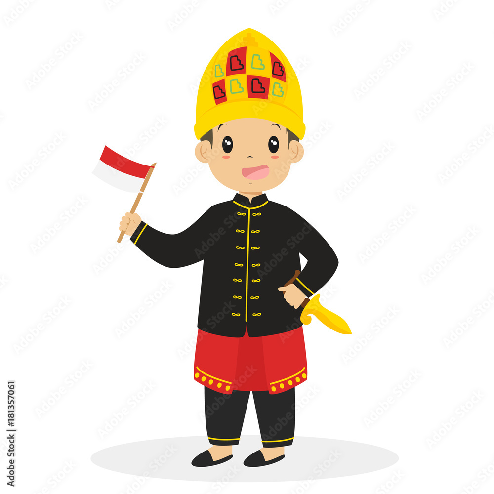 Aceh boy wearing traditional wedding dress and holding Indonesian flag ...