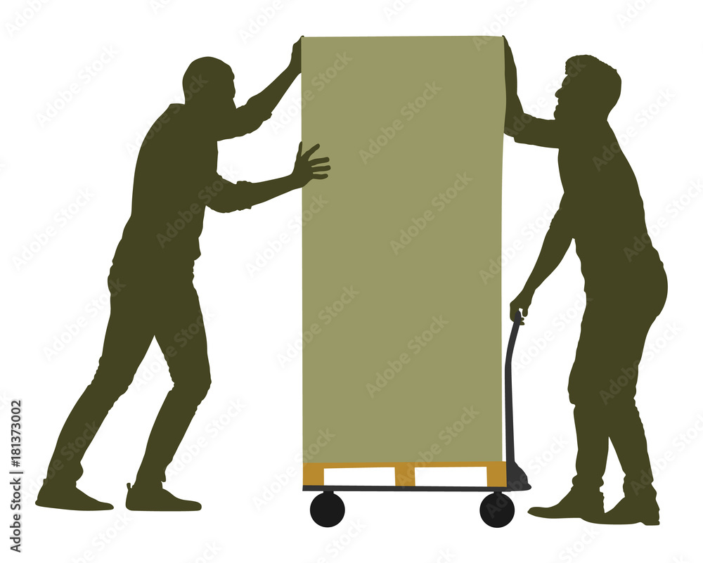 Hard workers pushing wheelbarrow and carry big box vector silhouette ...