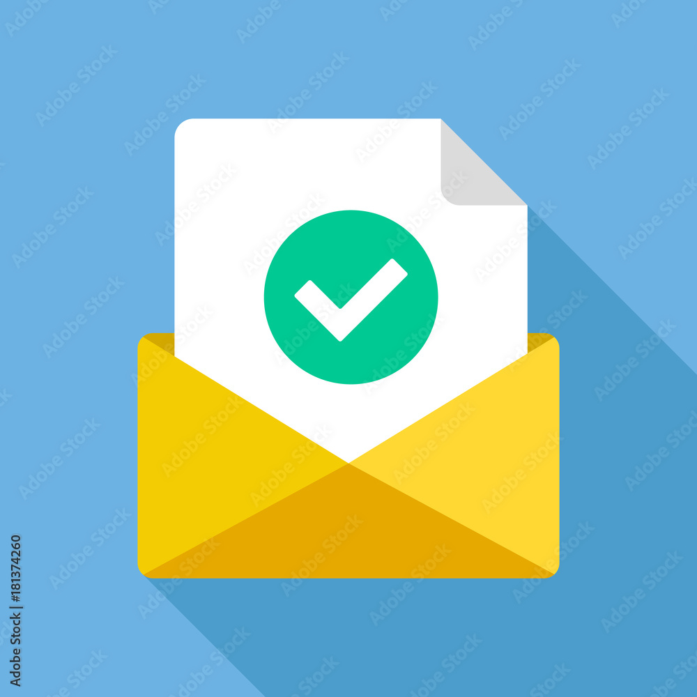 Envelope with document and round green check mark icon. Successful e ...