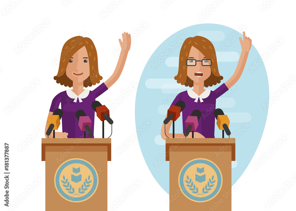 Orator speaks from rostrum. Publicly speech concept. Cartoon vector ...