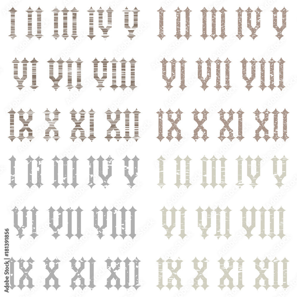 Roman numerals. Grunge and scratched. Black gothic numbers on white ...