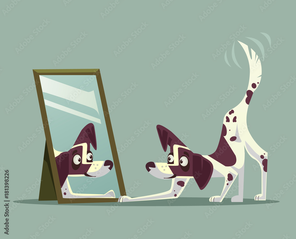 Surprised curious dog character looking at mirror. Vector cartoon ...
