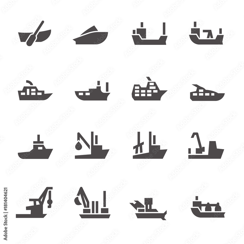 Icons Of Passenger And Industrial Ships In Glyph Style There Are icons-of-passenger-and-industrial-ships-in-glyph-style-there-are
