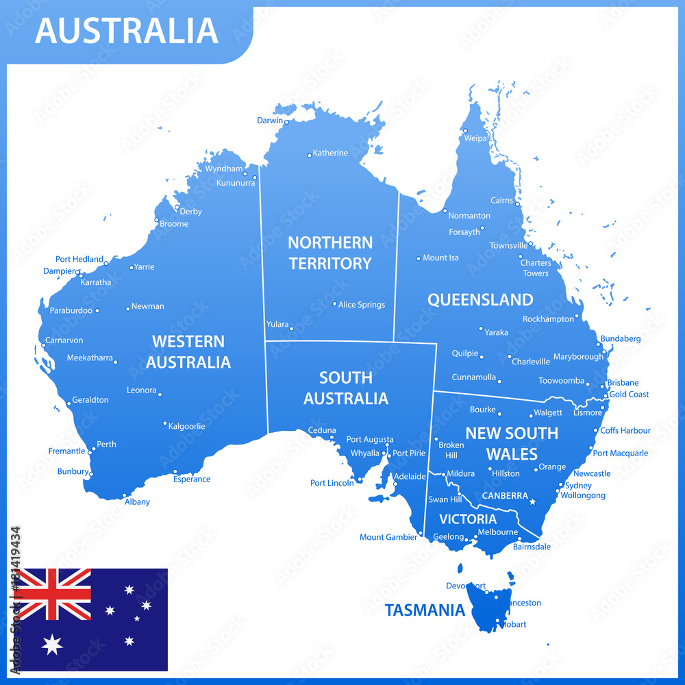 The detailed map of the Australia with regions or states and cities ...
