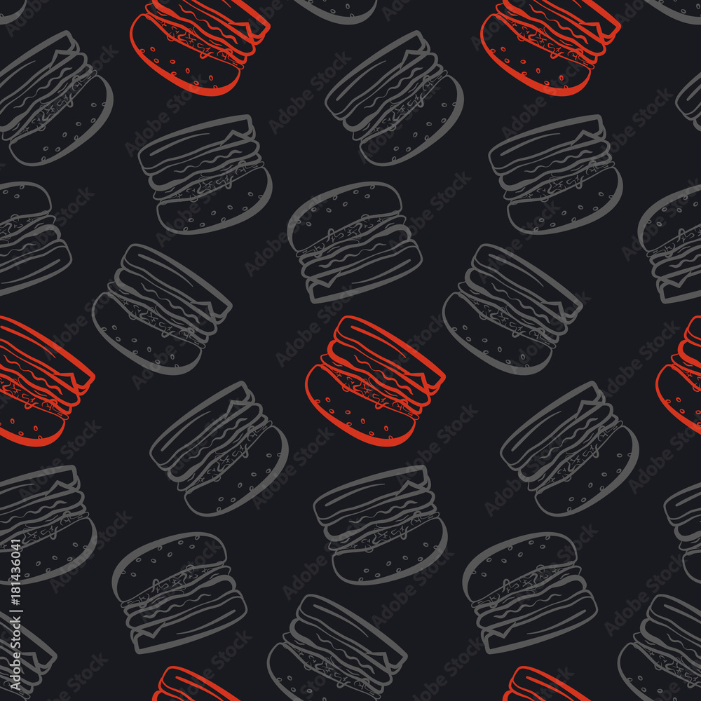 Seamless pattern with gray and red burgers on black background. Dark ...
