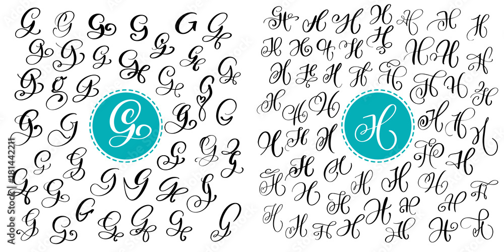 Set letter G and H. Hand drawn vector flourish calligraphy. Script font ...