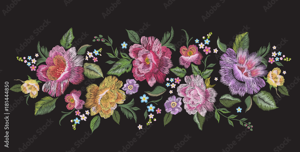 Embroidery traditional floral pattern with roses. Vector embroidered ...