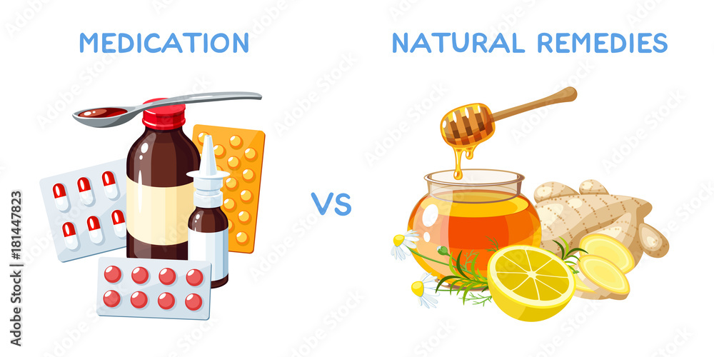 Medication vs natural remedies. Drugs, pills and medicinal syrup. Honey ...